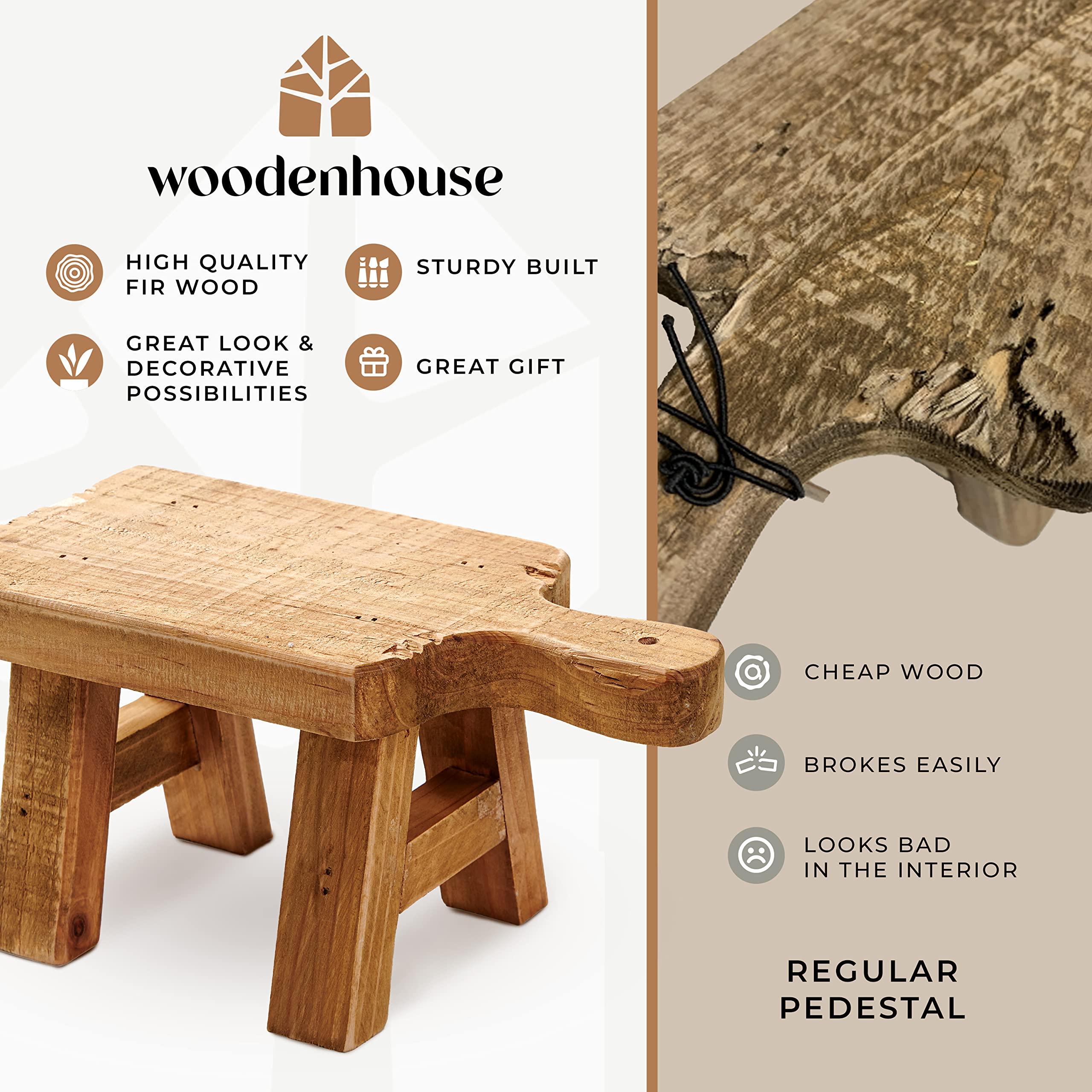 WOODENHOUSE LIFELONG QUALITY Wooden Stand - Rectangular Fir Wood Pedestal Stand for Kitchen, Bathroom, or Decor - Pre-Assembled, Sturdy, Easy Handle, Great Gift