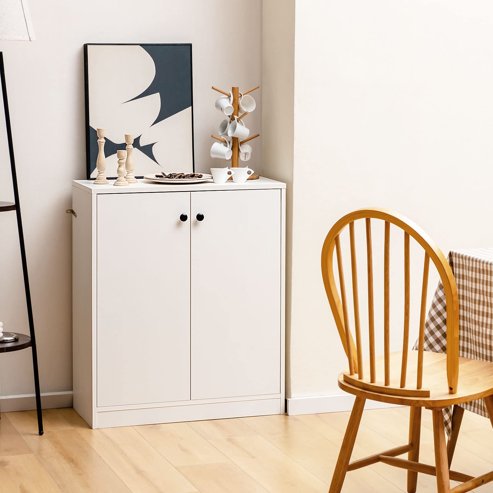 Giantex 2 Door Storage Base Cabinet - Freestanding Floor Cabinet with 3-Tier Shelf, Non-Slip Foot Pads, Kitchen Cupboard Storage Organizer for Living Room, Hallway, Entryway, Office (White)