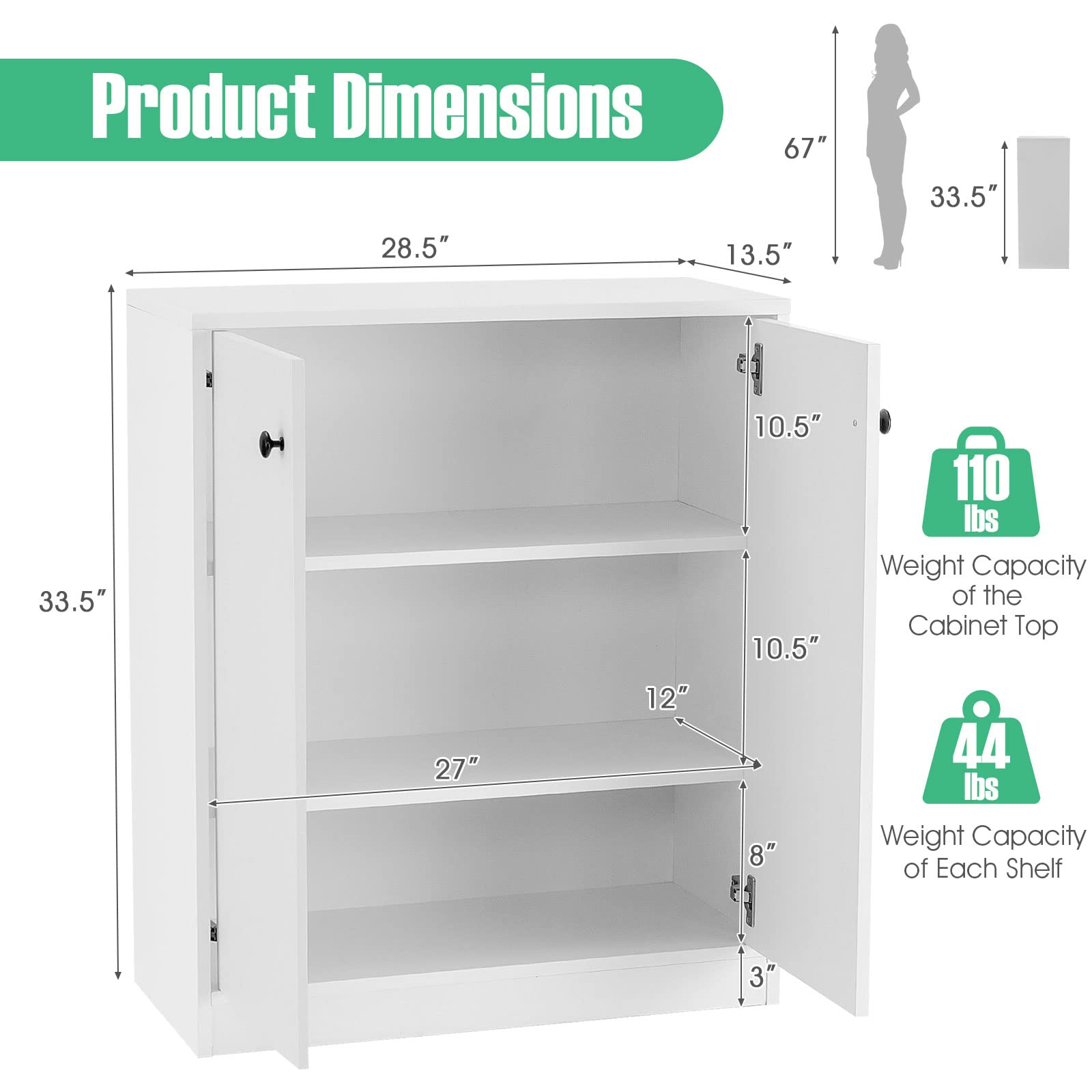 Giantex 2 Door Storage Base Cabinet - Freestanding Floor Cabinet with 3-Tier Shelf, Non-Slip Foot Pads, Kitchen Cupboard Storage Organizer for Living Room, Hallway, Entryway, Office (White)