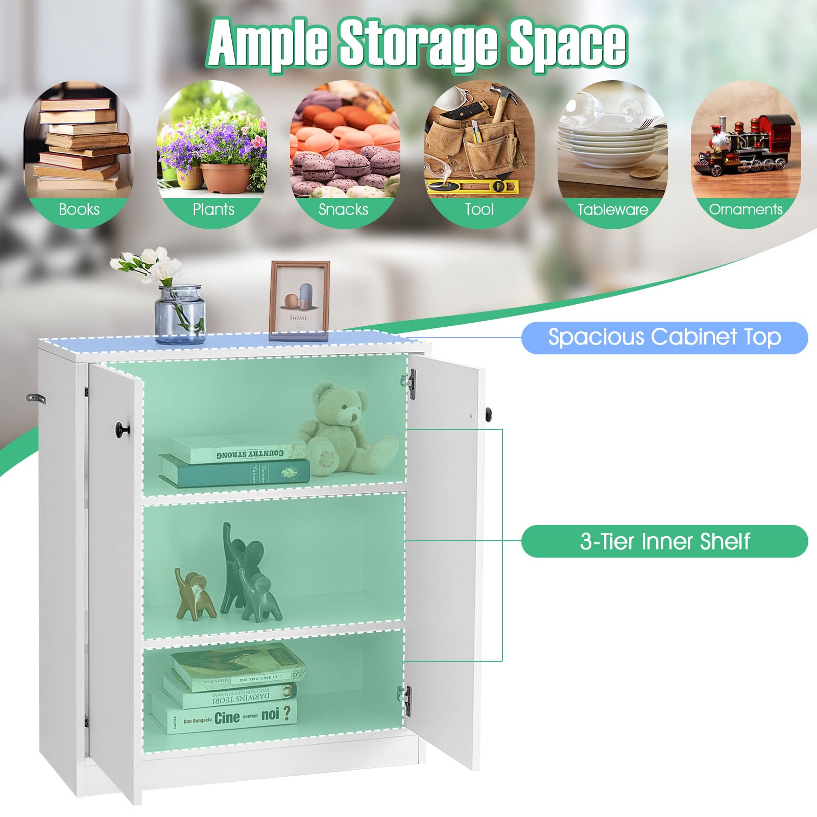 Giantex 2 Door Storage Base Cabinet - Freestanding Floor Cabinet with 3-Tier Shelf, Non-Slip Foot Pads, Kitchen Cupboard Storage Organizer for Living Room, Hallway, Entryway, Office (White)