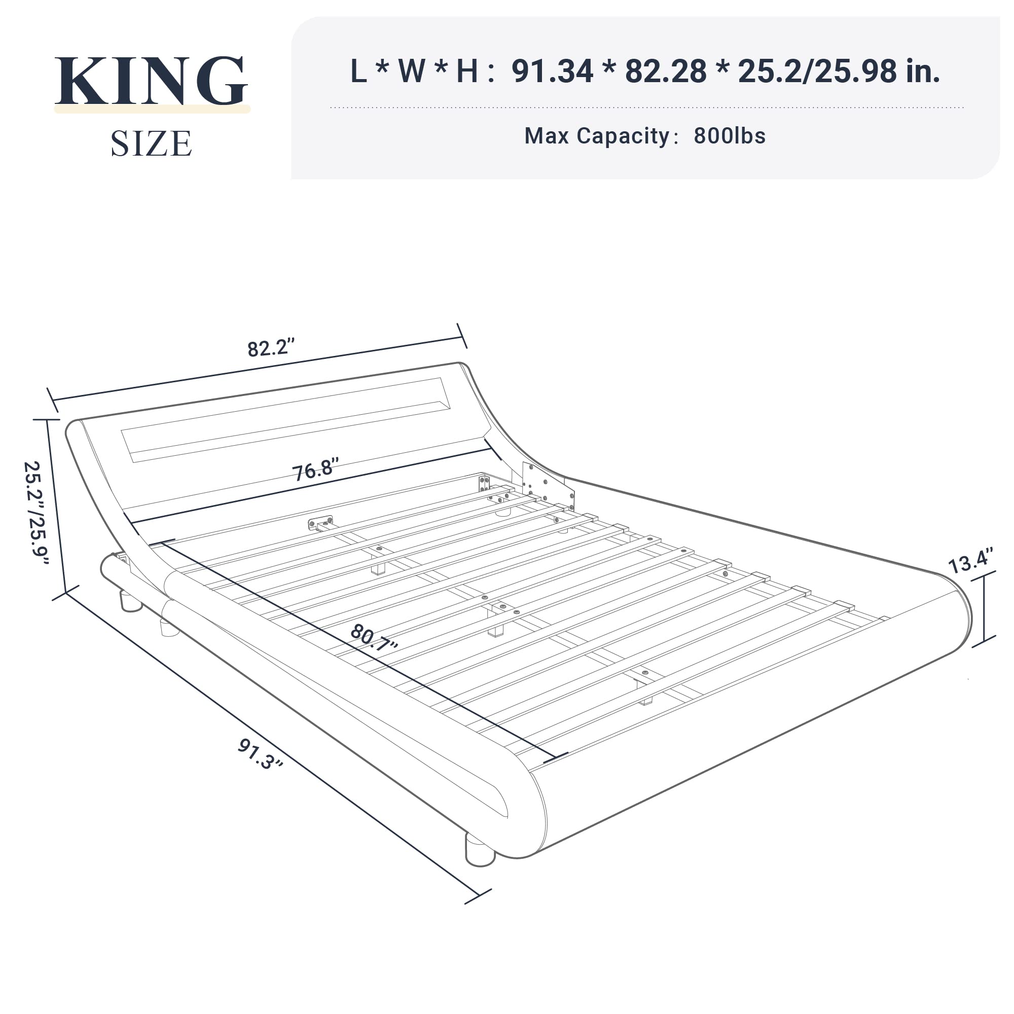 Allewie King Size LED Platform Bed Frame with Adjustable Headboard/No Box Spring Need/Easy Assembly/Faux Leather in White and Black