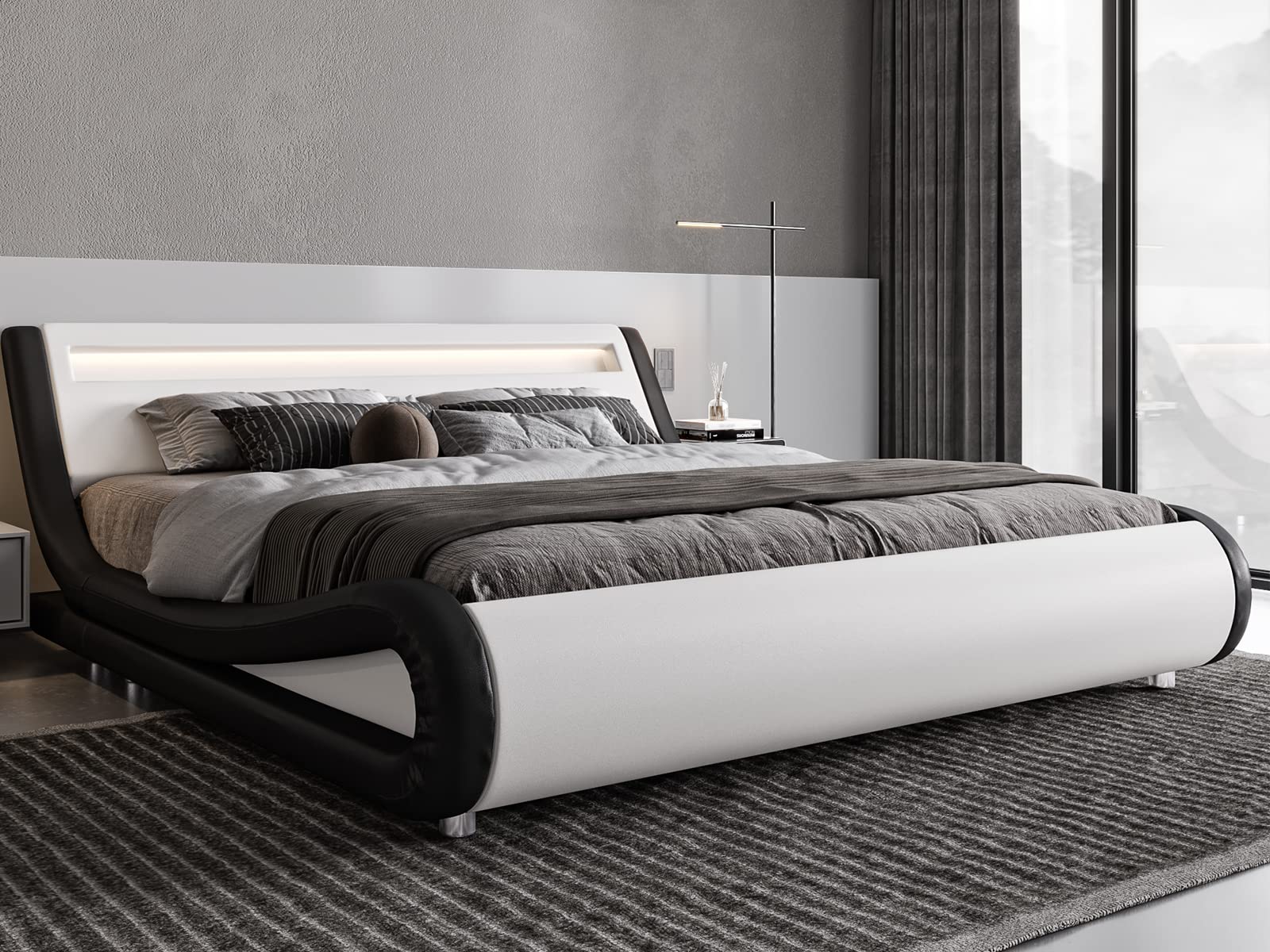 Allewie King Size LED Platform Bed Frame with Adjustable Headboard/No Box Spring Need/Easy Assembly/Faux Leather in White and Black