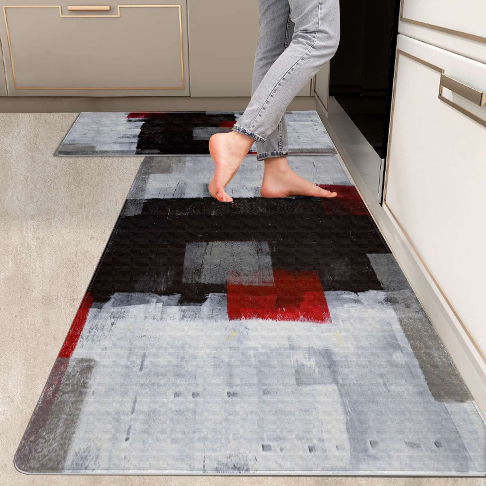RYANZA 2 Pieces Kitchen Rugs, Abstract Anti Fatigue Non Slip Foam Cushioned Red and Grey Art Painting Comfort Indoor Floor Mat Runner Rug Set for Laundry Office Sink Bathroom (17"x48"+17"x24")