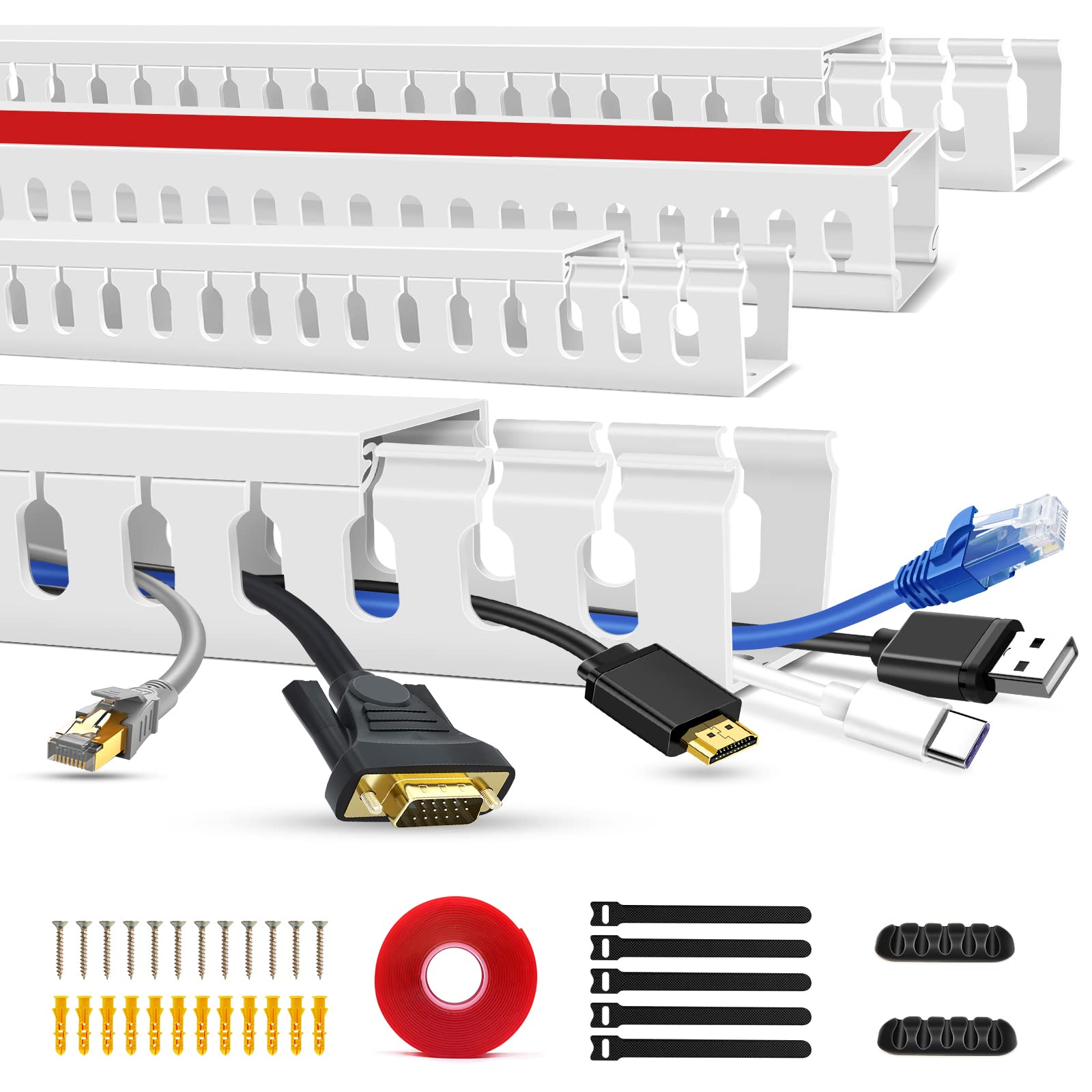 Cable Duct Management Raceway Kit, 62.8" (4 x 15.7) Server Rack Cable Management, Cable Management for Hide Network HDMI VGA Cable, Open Slot Cable Track Desk Wire Channel, Cable Raceway White 4 Pack