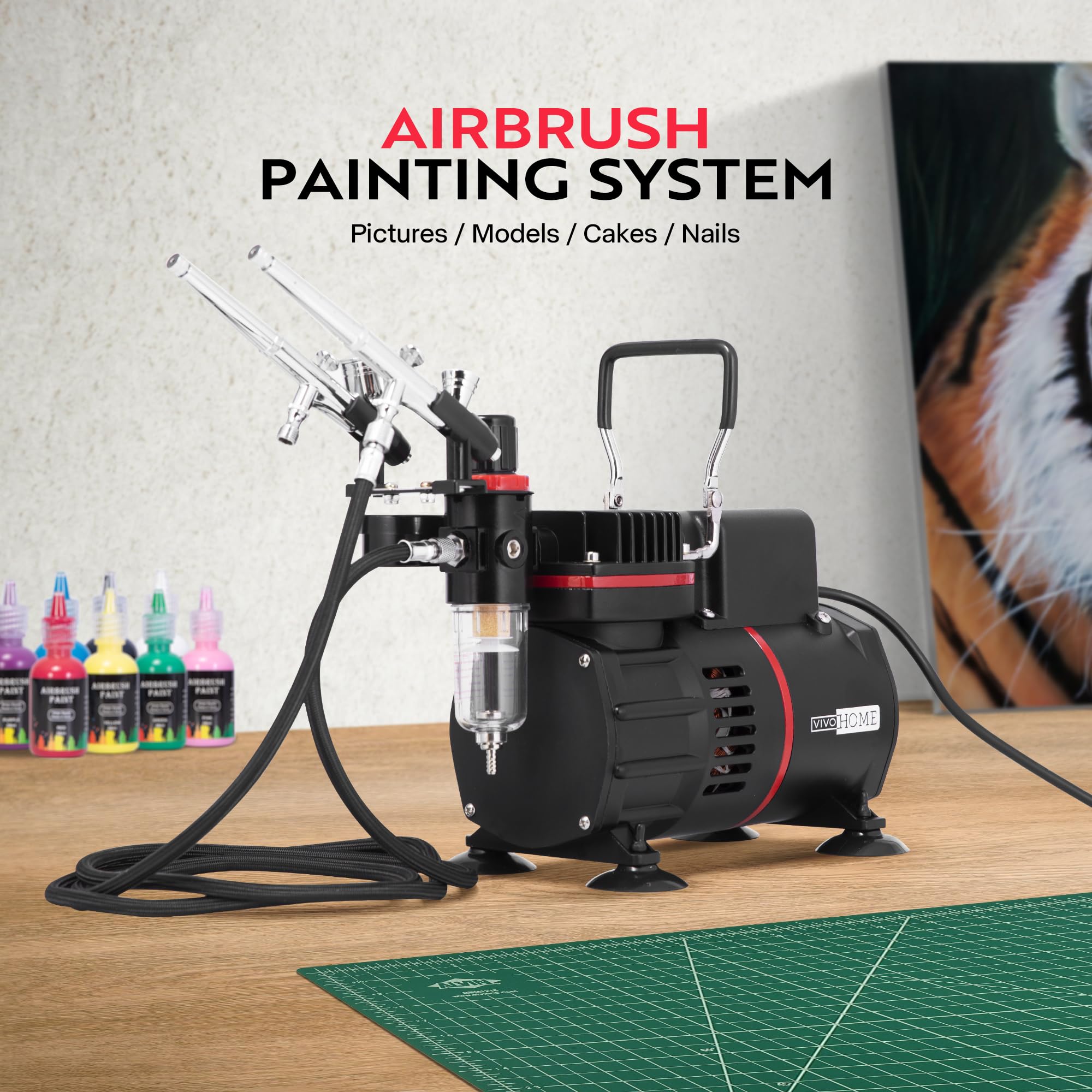 VIVOHOME Airbrush Kit with Dual Fan Air Compressor and 3 Dual Action Airbrush Gun, Gravity and Siphon Feed, Quiet Air Brush Set with 8 Primary Opaque Colors, Cleaning Brush, 2 Cup
