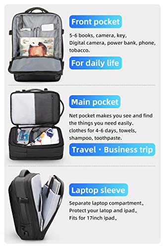 Markryden Laptop Backpack with raincover carry-on travel backpack water-proof expandable backpack with Rain Cover USB Charging Port for School Travel Work Bag Fits 17.3/15.6 Inch Laptop