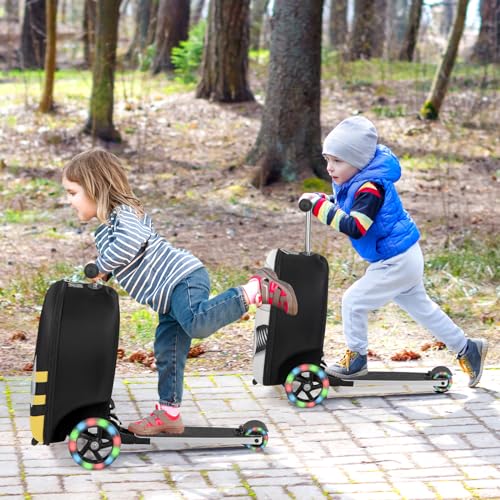 Goplus 2-in-1 Ride On Suitcase Scooter for Kids, Carry on Luggage with LED Flashing Wheels, Waterproof Shell, Retractable Steering Handle, Lightweight Folding Scooter for Boys Girls Travel (Bee)