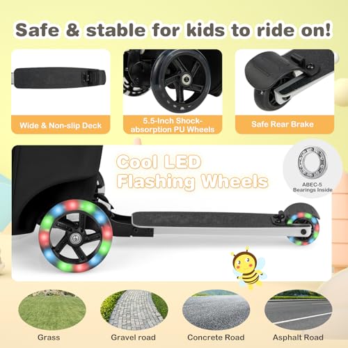 Goplus 2-in-1 Ride On Suitcase Scooter for Kids, Carry on Luggage with LED Flashing Wheels, Waterproof Shell, Retractable Steering Handle, Lightweight Folding Scooter for Boys Girls Travel (Bee)