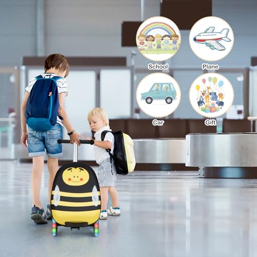Goplus 2-in-1 Ride On Suitcase Scooter for Kids, Carry on Luggage with LED Flashing Wheels, Waterproof Shell, Retractable Steering Handle, Lightweight Folding Scooter for Boys Girls Travel (Bee)