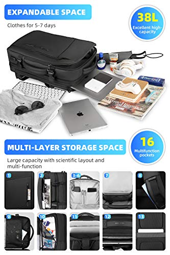 Markryden Laptop Backpack with raincover carry-on travel backpack water-proof expandable backpack with Rain Cover USB Charging Port for School Travel Work Bag Fits 17.3/15.6 Inch Laptop
