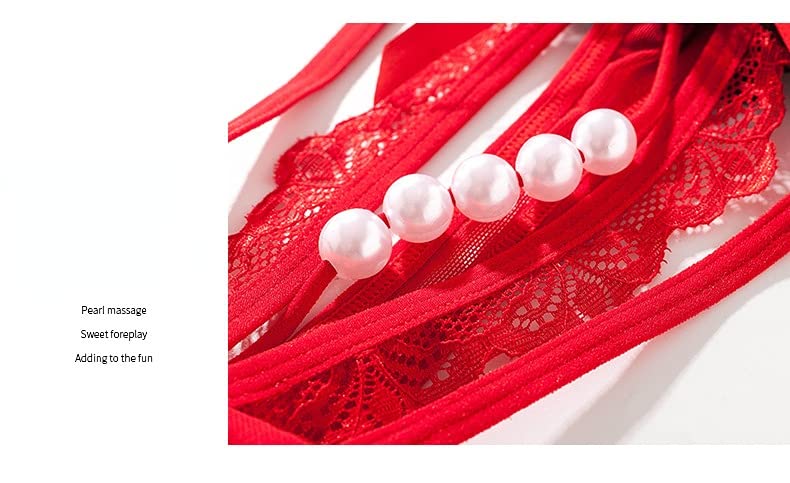 Sekexi Women’s Sexy Panties,Lace G-String Panties for Women Thongs G Strings with Pearls Ball Lace (as1, alpha, m, regular, regular, Red)