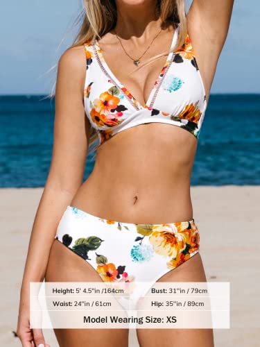 CUPSHE Bikini Set for Women Two Piece Swimsuit Plunge V Neck Hollow Out Trim Retro Mid Rise Floral Print M, White