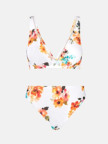 CUPSHE Bikini Set for Women Two Piece Swimsuit Plunge V Neck Hollow Out Trim Retro Mid Rise Floral Print M, White