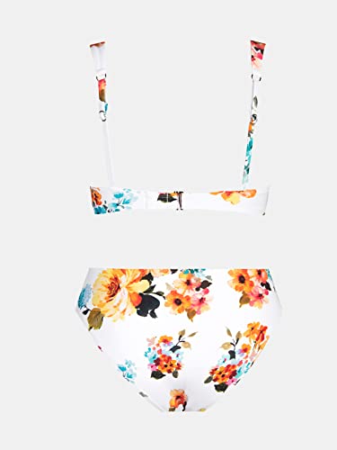 CUPSHE Bikini Set for Women Two Piece Swimsuit Plunge V Neck Hollow Out Trim Retro Mid Rise Floral Print M, White