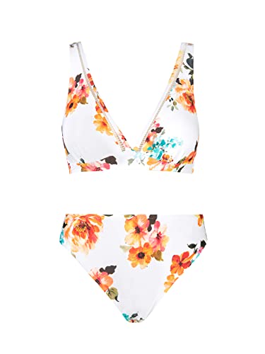 CUPSHE Bikini Set for Women Two Piece Swimsuit Plunge V Neck Hollow Out Trim Retro Mid Rise Floral Print M, White