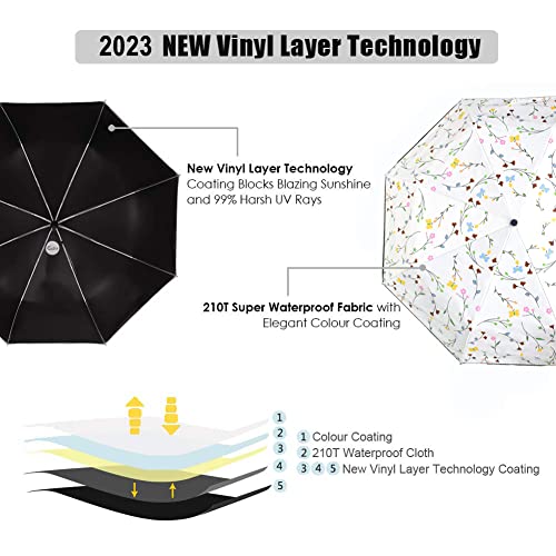 Cuby UV Sun Umbrella Compact Folding Travel Umbrella Auto Open and Close for Windproof, Rainproof & 99.9% UV Protection Parasol with Black Anti-UV Coating (Butterfly flower)