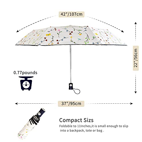 Cuby UV Sun Umbrella Compact Folding Travel Umbrella Auto Open and Close for Windproof, Rainproof & 99.9% UV Protection Parasol with Black Anti-UV Coating (Butterfly flower)