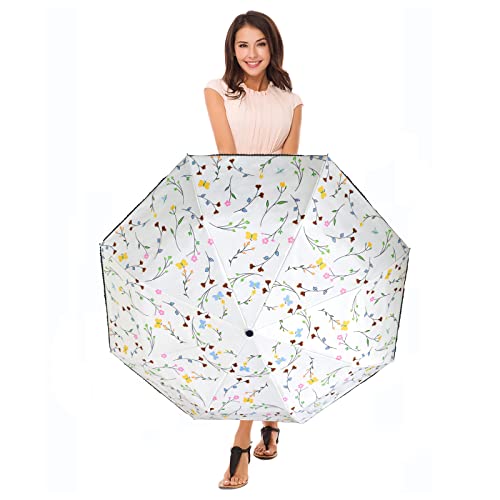 Cuby UV Sun Umbrella Compact Folding Travel Umbrella Auto Open and Close for Windproof, Rainproof & 99.9% UV Protection Parasol with Black Anti-UV Coating (Butterfly flower)