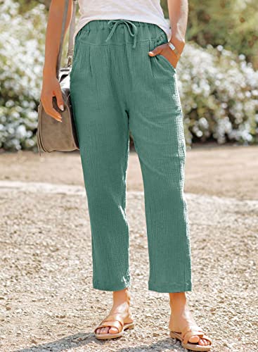 Dokotoo 2023 Fashion Spring Summer Wide Leg Work Linen Pants for Women Ladies Solid High Drawstring Waist Jogging Jogger Beach Pants with Side Pockets Green XL