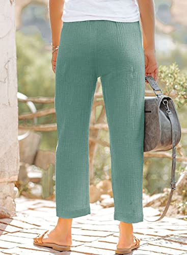 Dokotoo 2023 Fashion Spring Summer Wide Leg Work Linen Pants for Women Ladies Solid High Drawstring Waist Jogging Jogger Beach Pants with Side Pockets Green XL