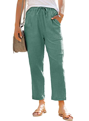 Dokotoo 2023 Fashion Spring Summer Wide Leg Work Linen Pants for Women Ladies Solid High Drawstring Waist Jogging Jogger Beach Pants with Side Pockets Green XL