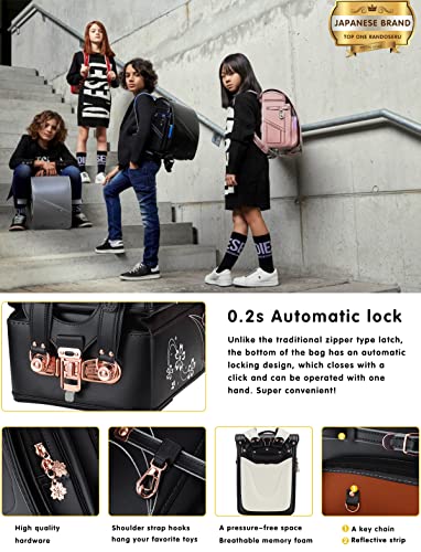 IwaiLoft Ransel Randoseru Backpack Automatic Satchel Japanese School Bag Cherry Blossom Sakura Embroidery PU Bookbag For Girls (Black)