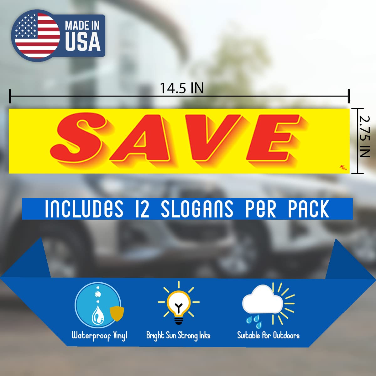 Versa Tags Windshield Slogan Stickers 12 Pack of Save Stickers 12 Pack of 3RD Row Seating Slogans 12 Pack of WE Finance Window Stickers (36) Dealership Stickers Red On Yellow