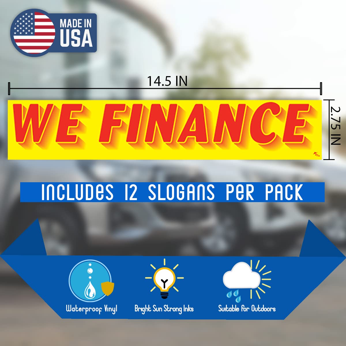 Versa Tags Windshield Slogan Stickers 12 Pack of Save Stickers 12 Pack of 3RD Row Seating Slogans 12 Pack of WE Finance Window Stickers (36) Dealership Stickers Red On Yellow
