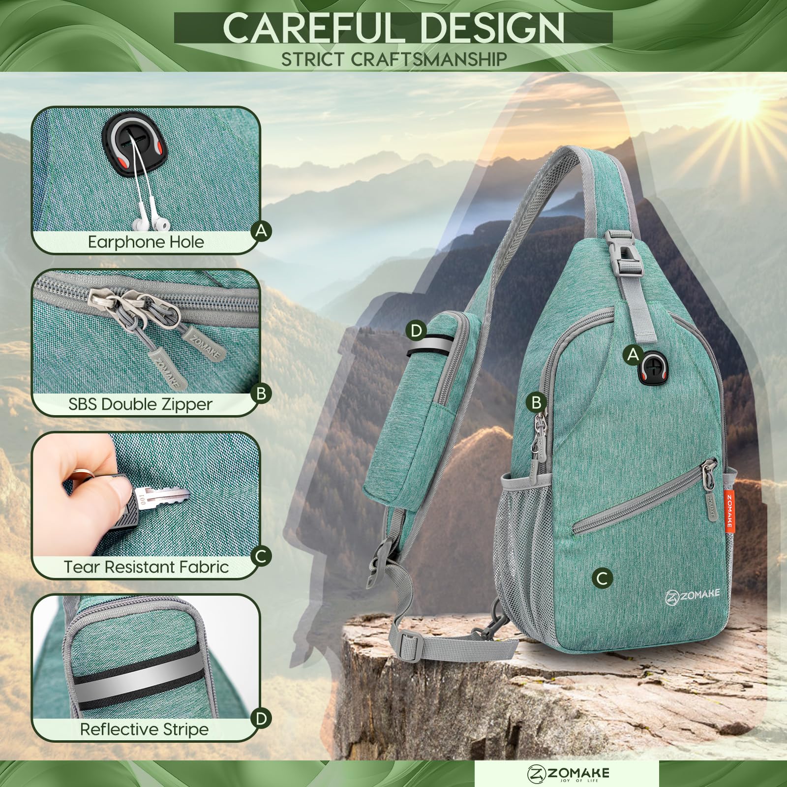 ZOMAKE Small Sling Bag, Travel Sling Backpack, Waterproof Hiking Cycling Crossbody pack for Men Women(Army Green)