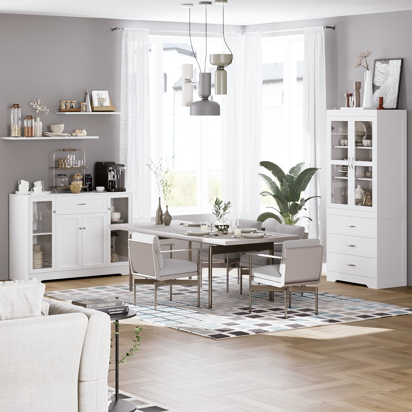 FOTOSOK White Kitchen Pantry Cabinet, 67ββ Tall Storage Cabinet with 2 Tempered Glass Doors, Modern Kitchen Cupboard, Bathroom Storage with 3 Shelves and 3 Drawers for Home Office
