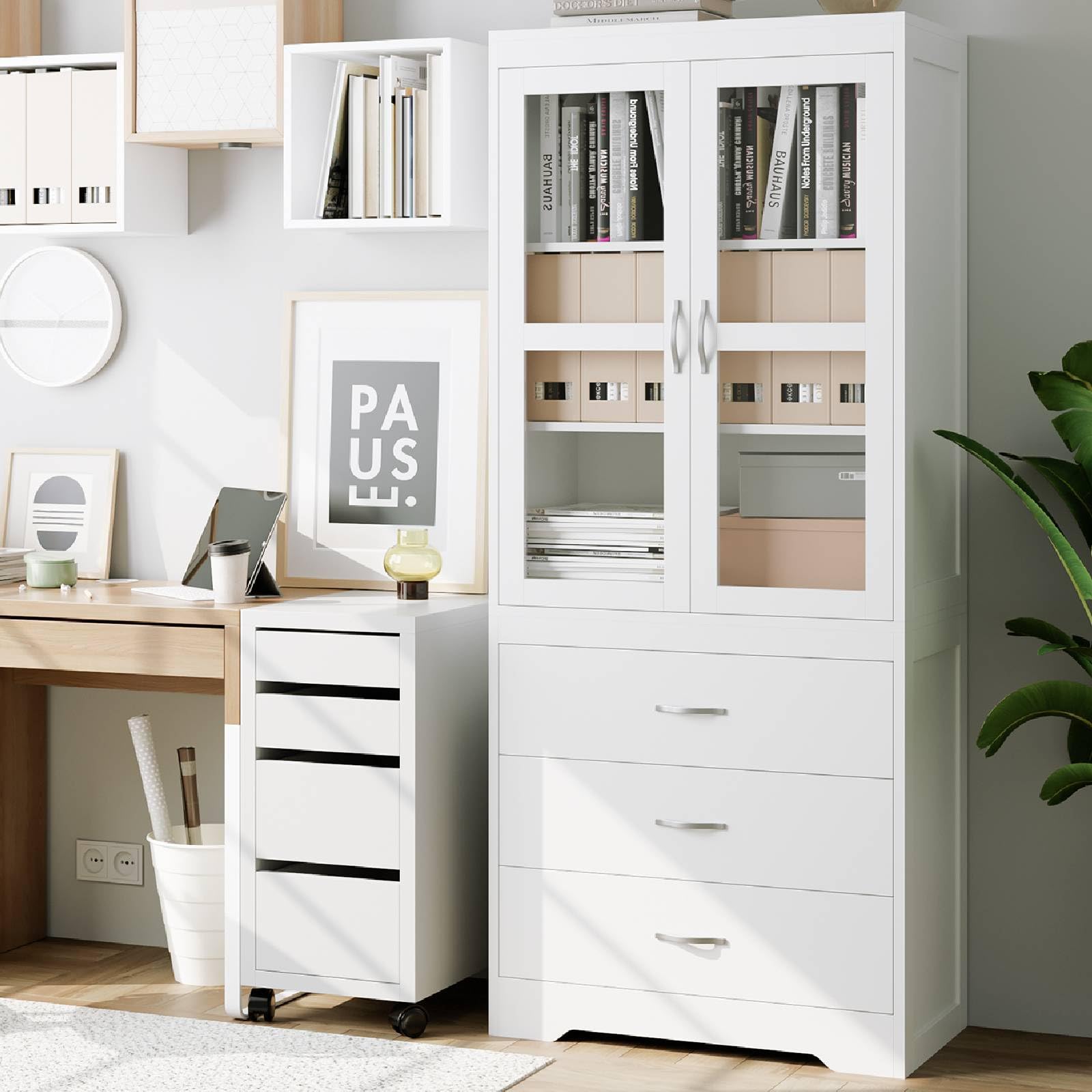 FOTOSOK White Kitchen Pantry Cabinet, 67ββ Tall Storage Cabinet with 2 Tempered Glass Doors, Modern Kitchen Cupboard, Bathroom Storage with 3 Shelves and 3 Drawers for Home Office