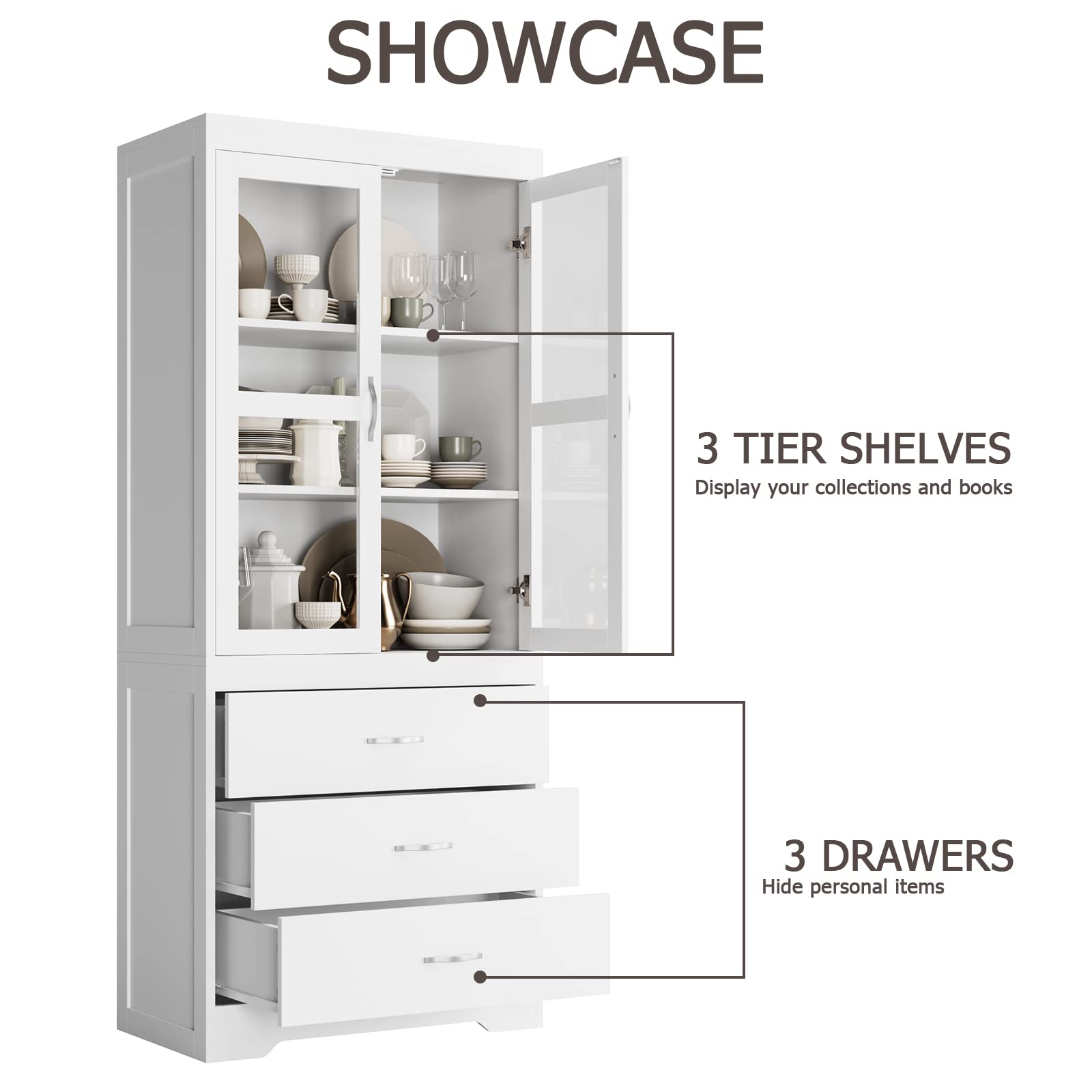 FOTOSOK White Kitchen Pantry Cabinet, 67ββ Tall Storage Cabinet with 2 Tempered Glass Doors, Modern Kitchen Cupboard, Bathroom Storage with 3 Shelves and 3 Drawers for Home Office