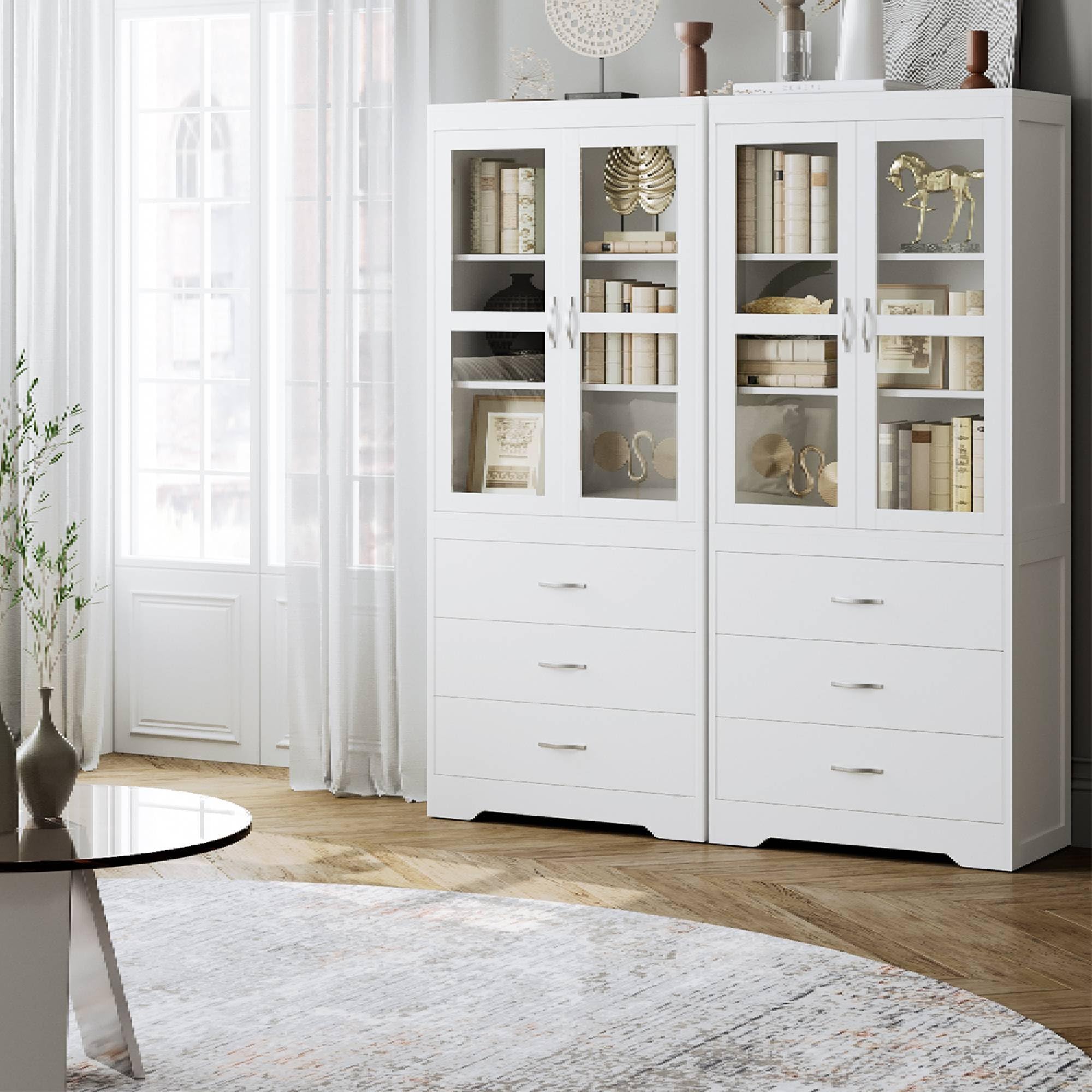 FOTOSOK White Kitchen Pantry Cabinet, 67ββ Tall Storage Cabinet with 2 Tempered Glass Doors, Modern Kitchen Cupboard, Bathroom Storage with 3 Shelves and 3 Drawers for Home Office