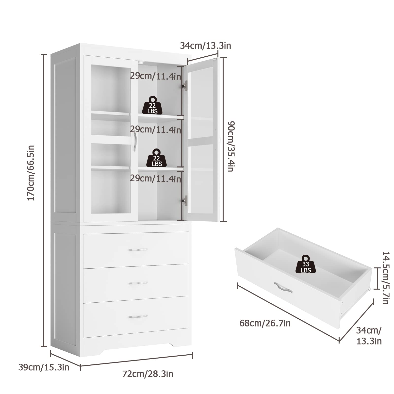 FOTOSOK White Kitchen Pantry Cabinet, 67ββ Tall Storage Cabinet with 2 Tempered Glass Doors, Modern Kitchen Cupboard, Bathroom Storage with 3 Shelves and 3 Drawers for Home Office