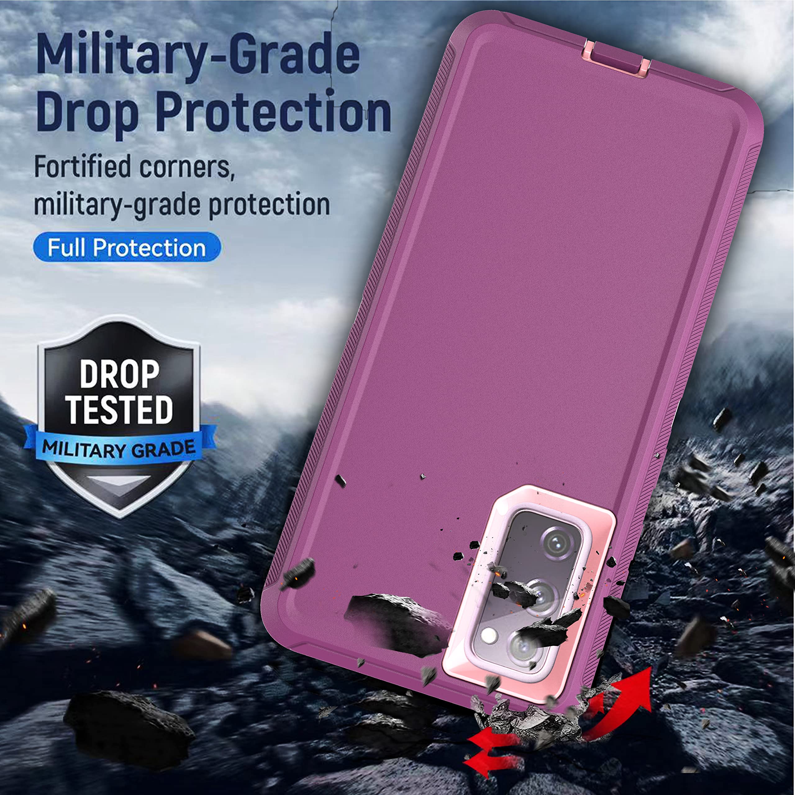YmhxcY for Galaxy S20 FE Case, Explosion-Proof Film[2 Pack] and Camera Lens Screen Protective Film[2 Pack], 3-in-1 Shockproof Heavy Protection Cover for Galaxy S20 FE 6.5"-Wine Red and Rose Pink