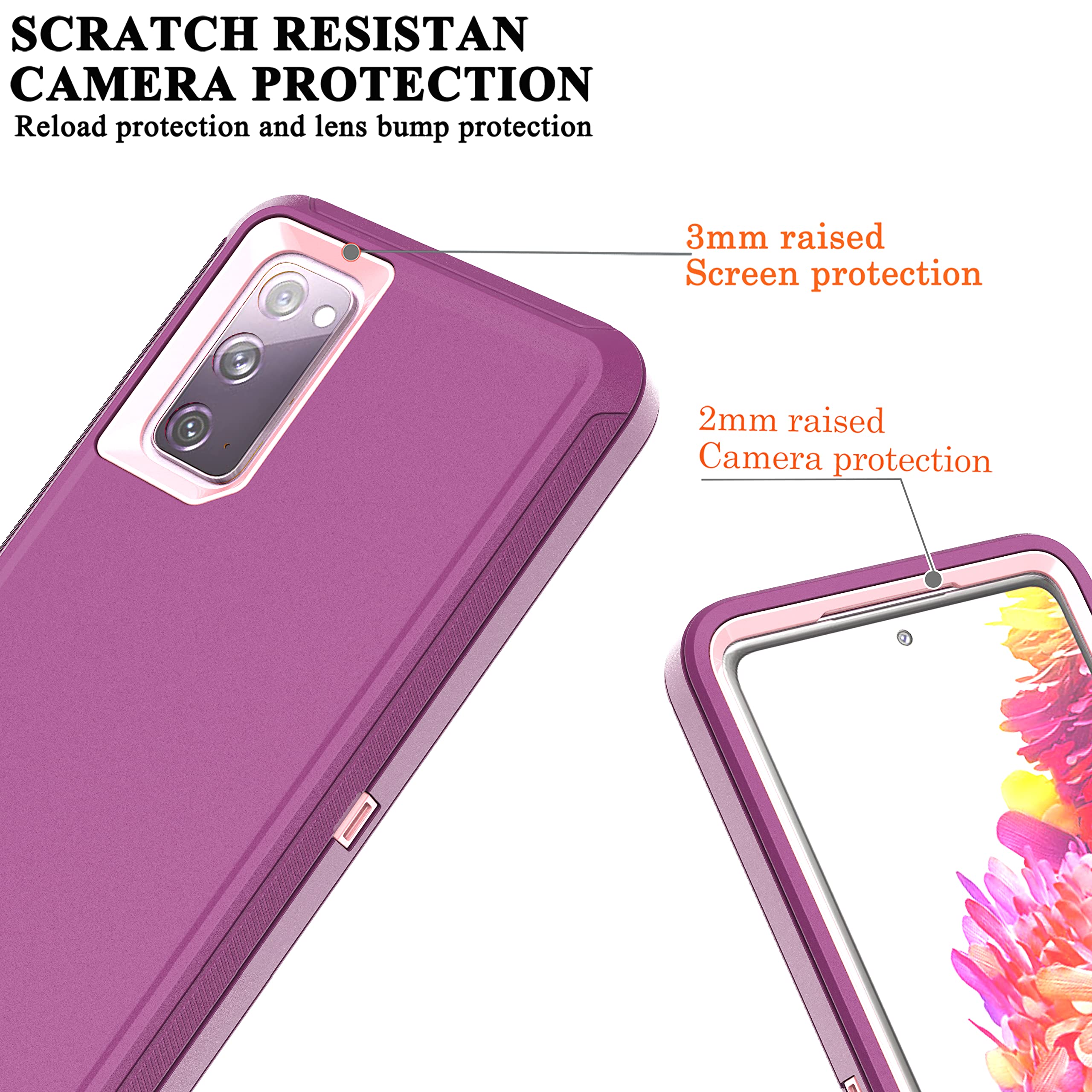 YmhxcY for Galaxy S20 FE Case, Explosion-Proof Film[2 Pack] and Camera Lens Screen Protective Film[2 Pack], 3-in-1 Shockproof Heavy Protection Cover for Galaxy S20 FE 6.5"-Wine Red and Rose Pink