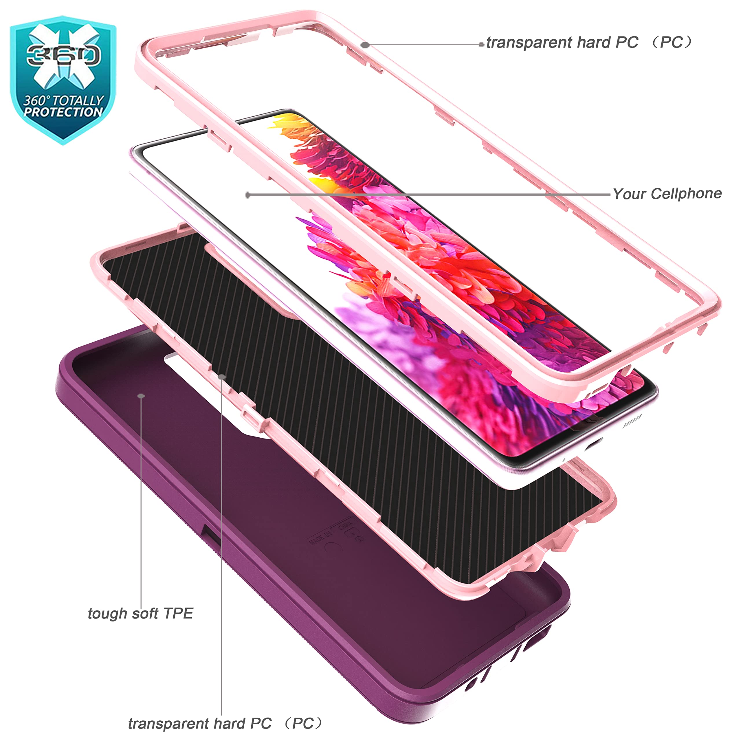 YmhxcY for Galaxy S20 FE Case, Explosion-Proof Film[2 Pack] and Camera Lens Screen Protective Film[2 Pack], 3-in-1 Shockproof Heavy Protection Cover for Galaxy S20 FE 6.5"-Wine Red and Rose Pink