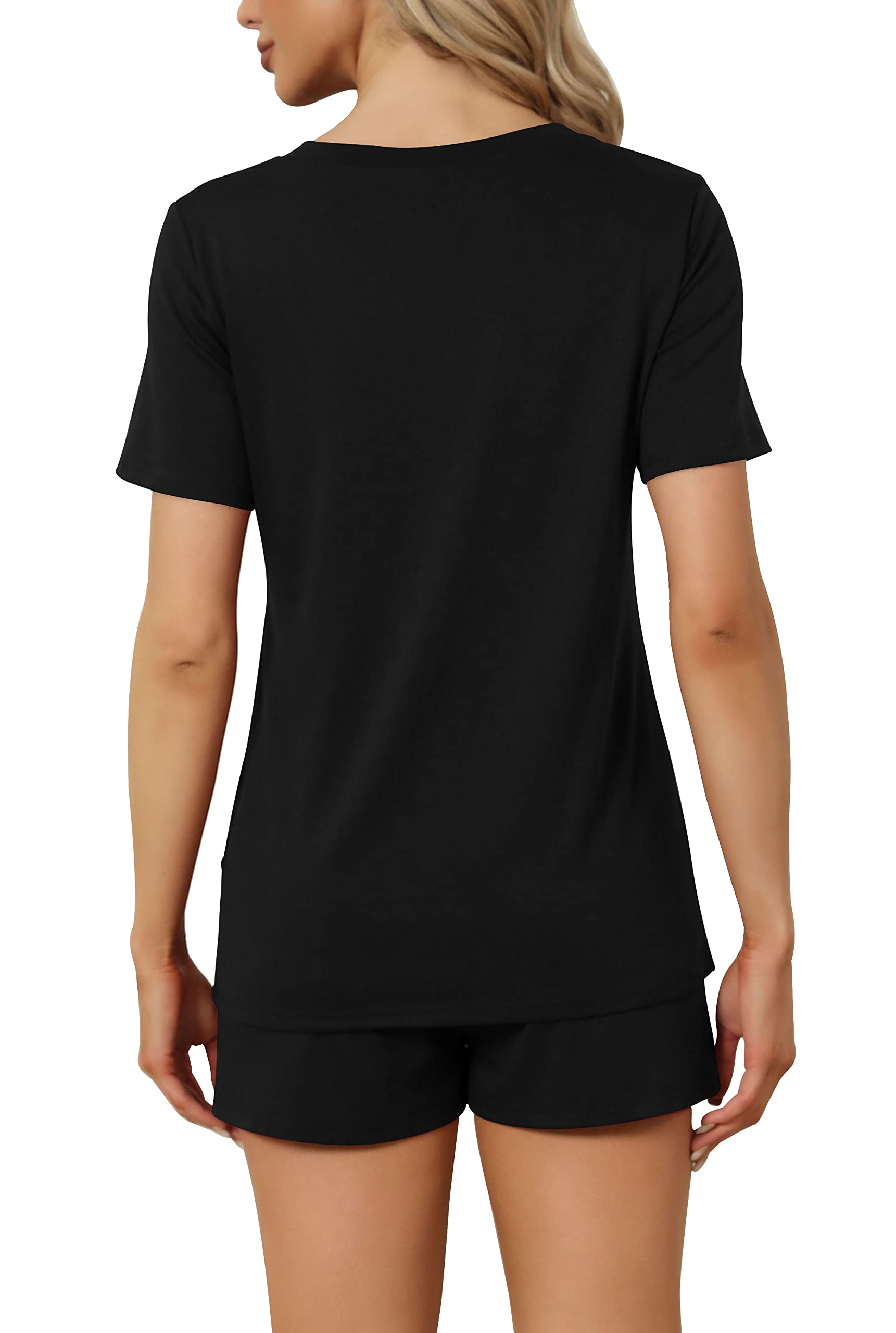 RUBZOOF Pajamas for Women Shorts Set V Neck Casual Short Sleeve Summer Lounge Sets Black L