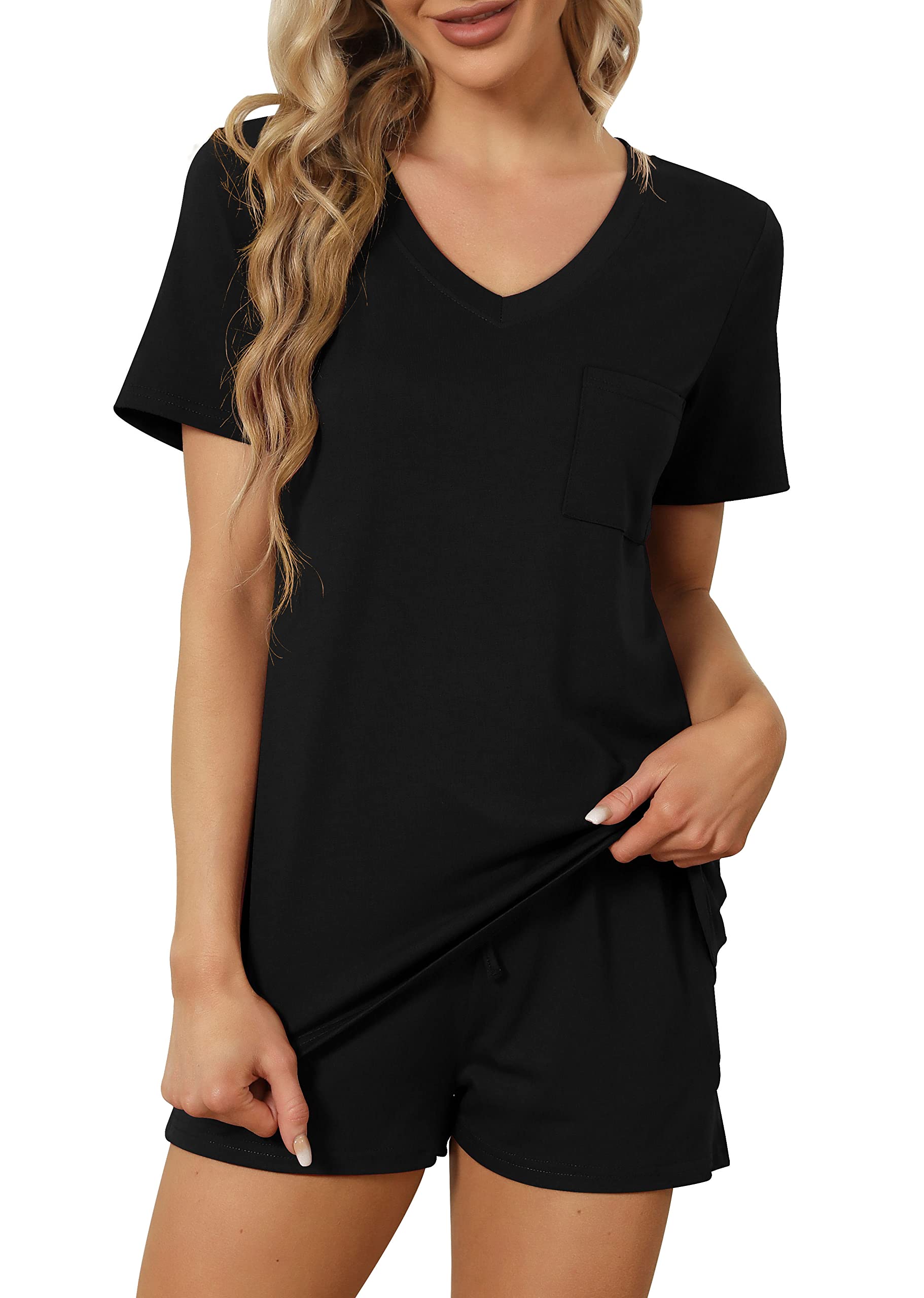RUBZOOF Pajamas for Women Shorts Set V Neck Casual Short Sleeve Summer Lounge Sets Black L