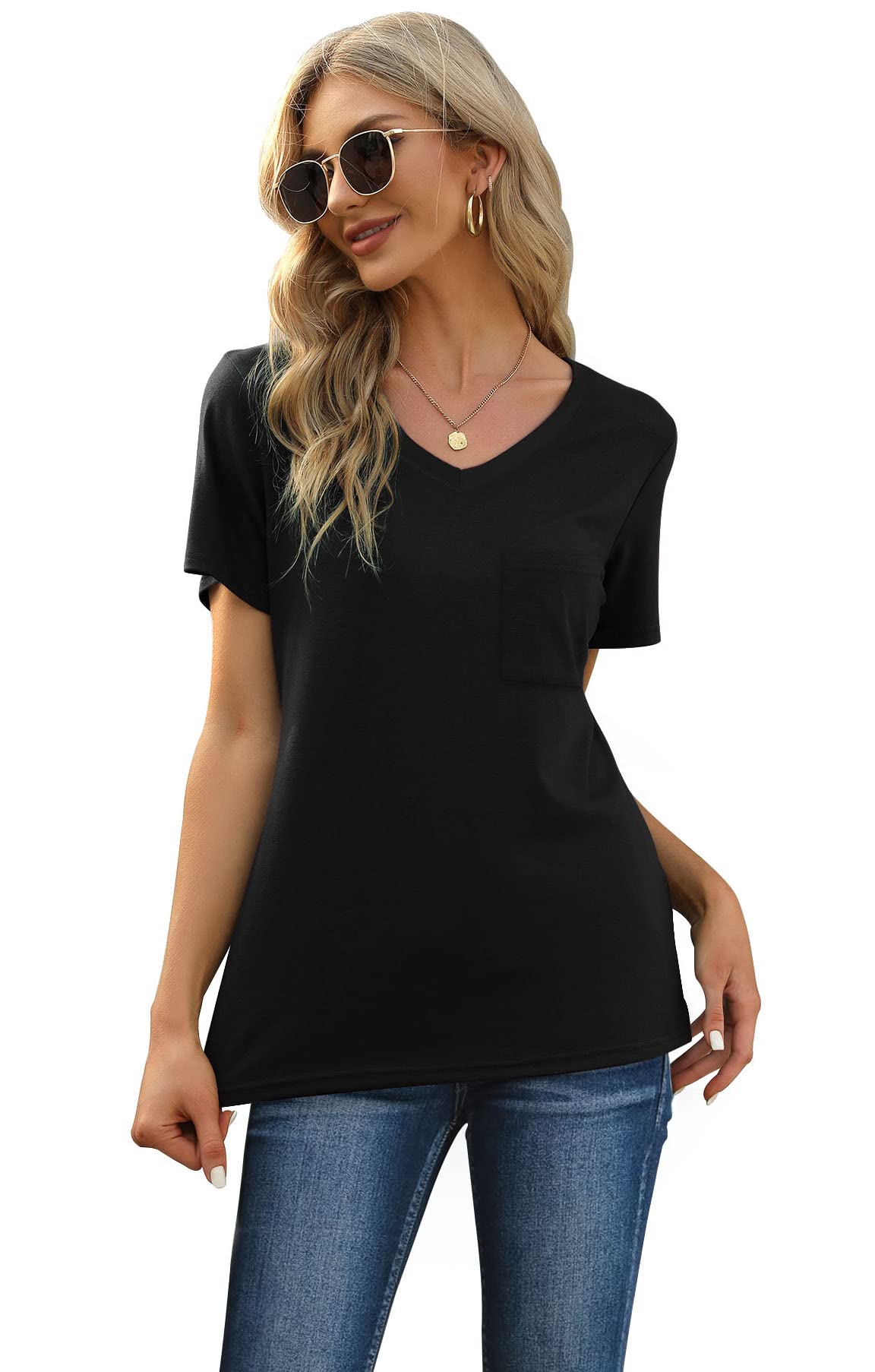 RUBZOOF Pajamas for Women Shorts Set V Neck Casual Short Sleeve Summer Lounge Sets Black L