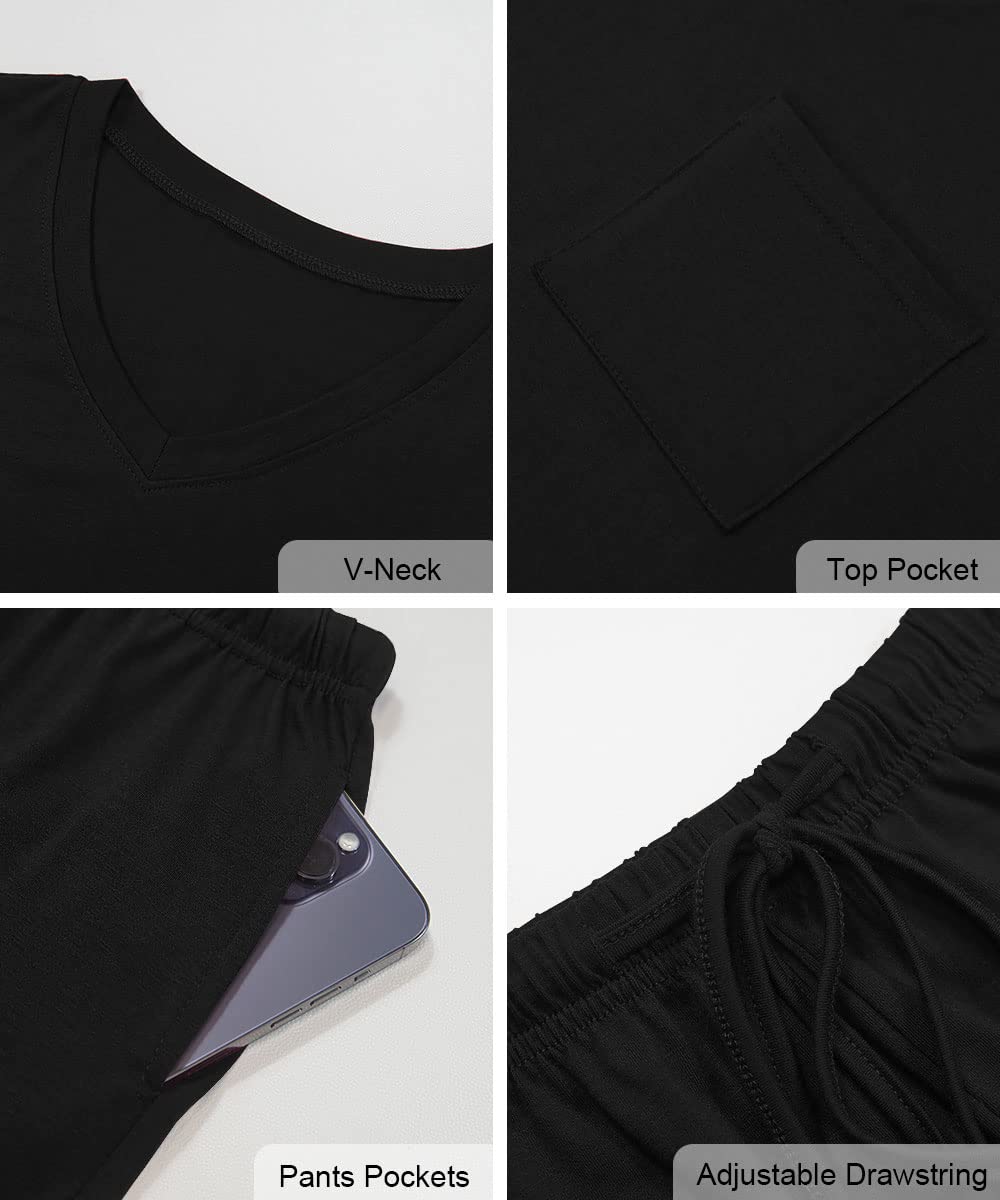 RUBZOOF Pajamas for Women Shorts Set V Neck Casual Short Sleeve Summer Lounge Sets Black L