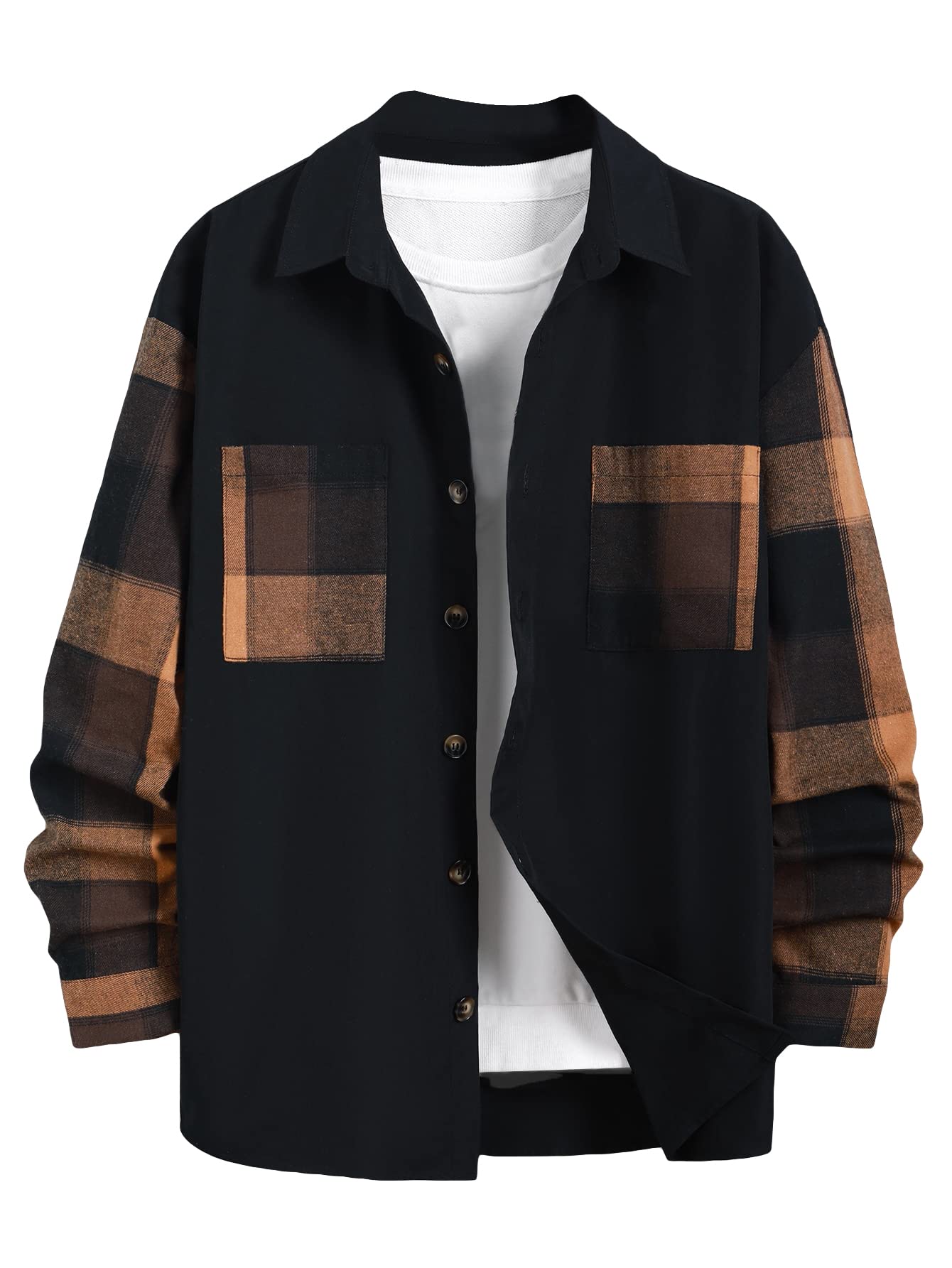 GORGLITTER Men's Plaid Button Down Shirt Long Sleeve Casual Shirt Jackets Black and Brown Medium