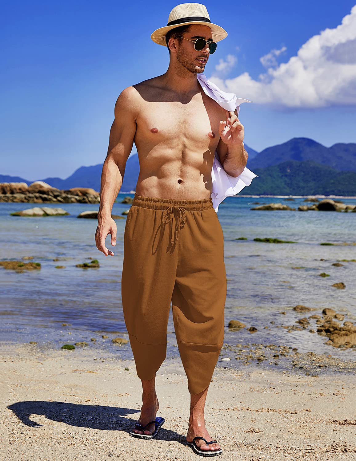 COOFANDY Men's Baggy Capri Trousers Casual Drawstring Vacation Hippie Summer Beach Linen Pants Lightweight Loose Yoga Pants Brown