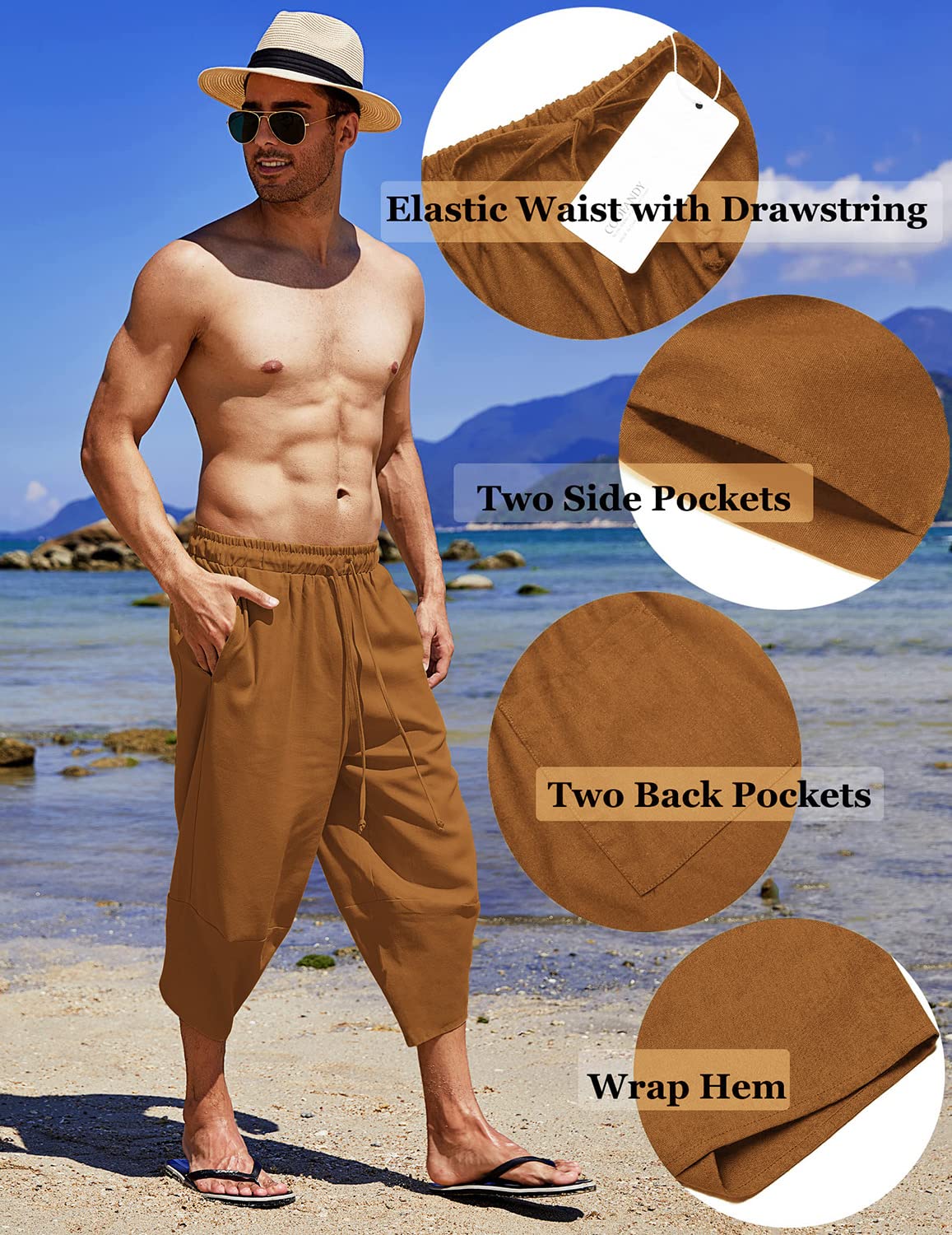 COOFANDY Men's Baggy Capri Trousers Casual Drawstring Vacation Hippie Summer Beach Linen Pants Lightweight Loose Yoga Pants Brown