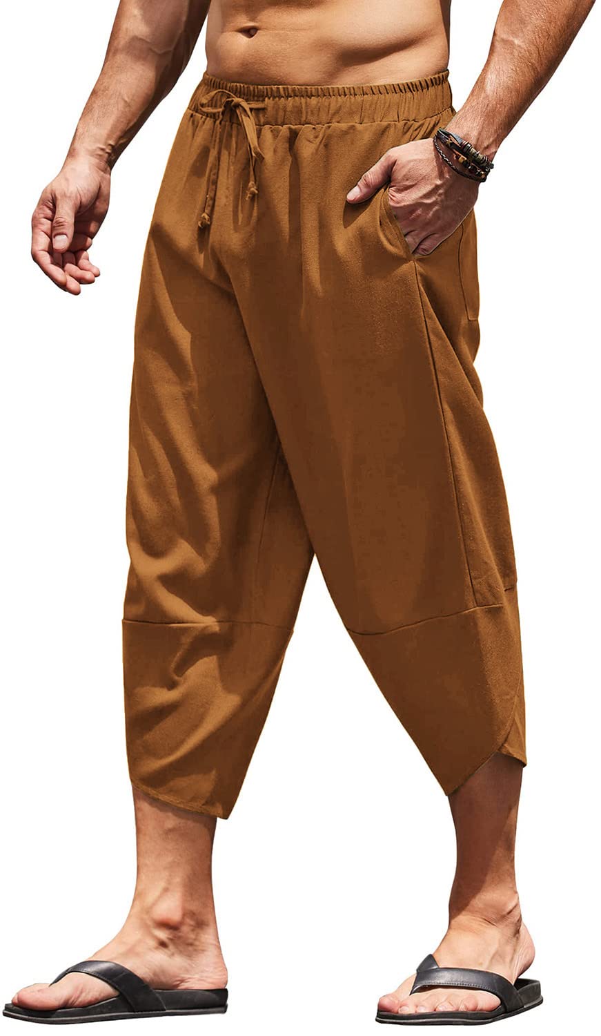 COOFANDY Men's Baggy Capri Trousers Casual Drawstring Vacation Hippie Summer Beach Linen Pants Lightweight Loose Yoga Pants Brown