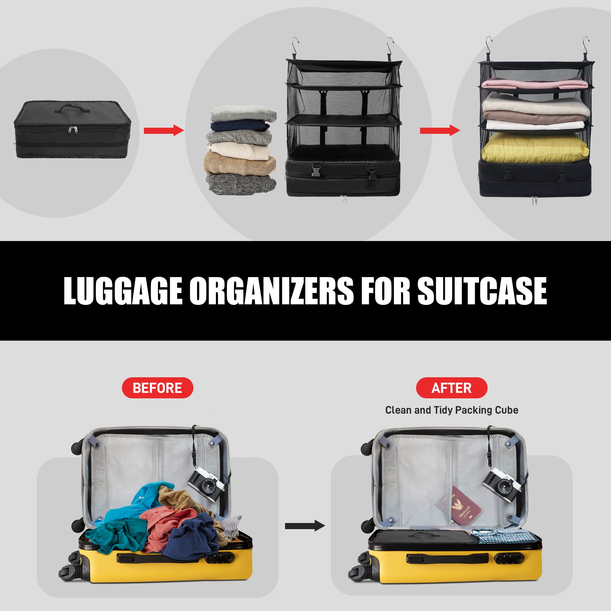 Twira Travel Organizer, X-Large Capacity Caddy, 4-Shelf Portable Hanging Closet with 2 Hooks, Black