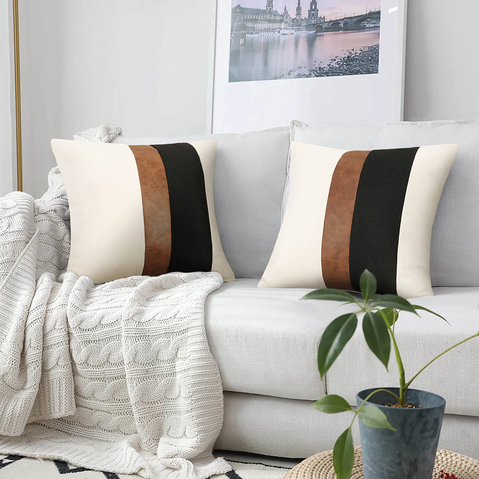 Merrycolor Faux Leather and Linen Throw Pillow Covers Black and White Pillows Decorative Throw Pillows Covers Brown Square Modern Farmhouse Accent Pillow Case 18 x 18 Inch (Black and White)
