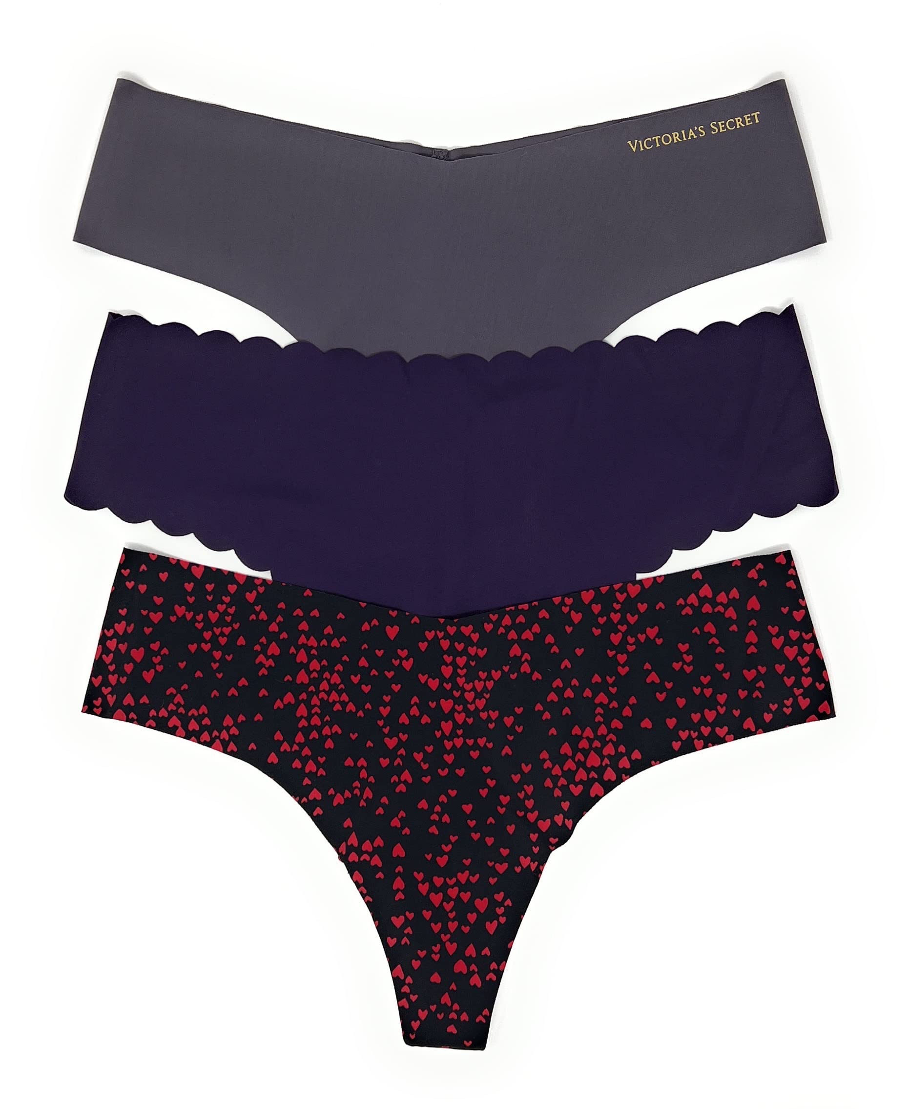 Victoria's Secret No Show Thong Panty Set of 3 Large Dark Gray/Plum Scallop/Black Mini Hearts