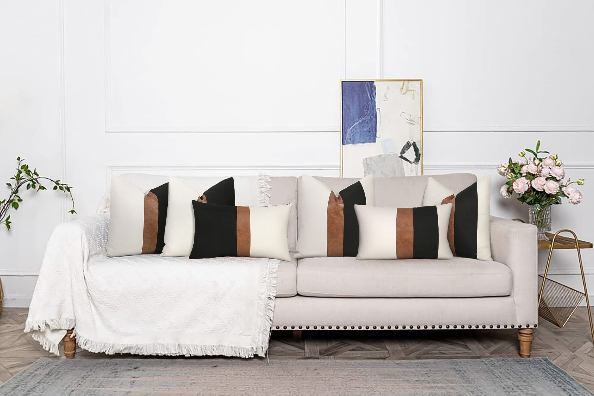 Merrycolor Faux Leather and Linen Throw Pillow Covers Black and White Pillows Decorative Throw Pillows Covers Brown Square Modern Farmhouse Accent Pillow Case 18 x 18 Inch (Black and White)