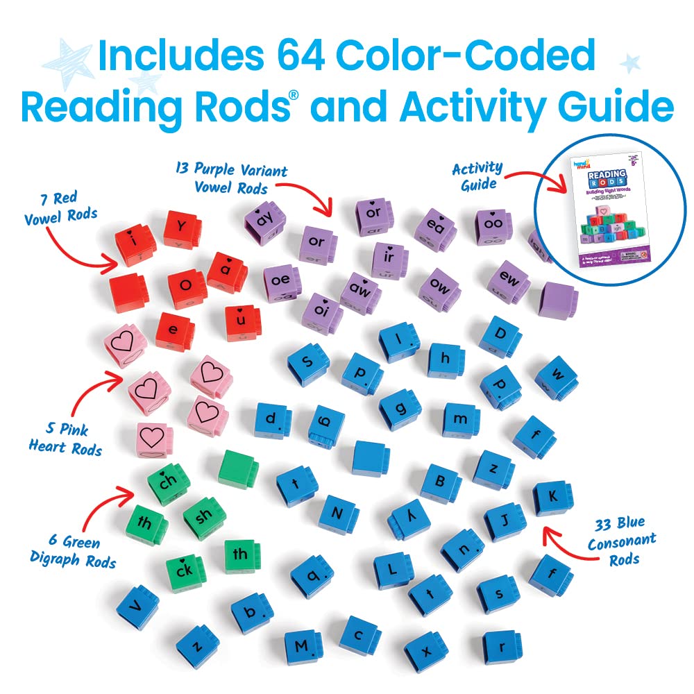 hand2mind Reading Rods Building Sight Words, Word Building Activities, Letter Blocks, Sight Words Kindergarten, CVC Words Spelling Toys, Reading Tools for Kids, Science of Reading Manipulatives